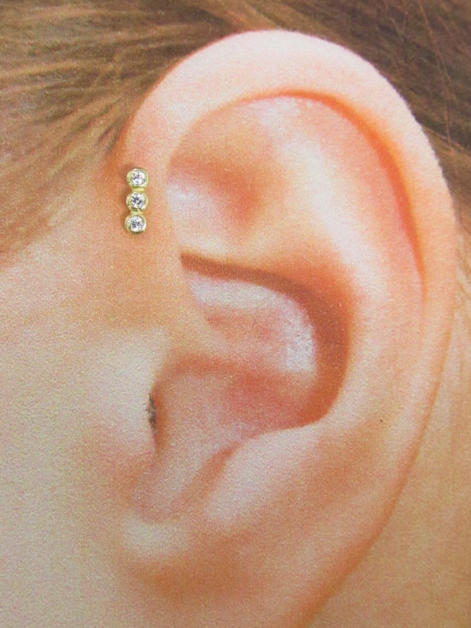 14k Solid Gold Forward Helix Piercing,cartilage 3 Bezel Set Cz's..16g ...