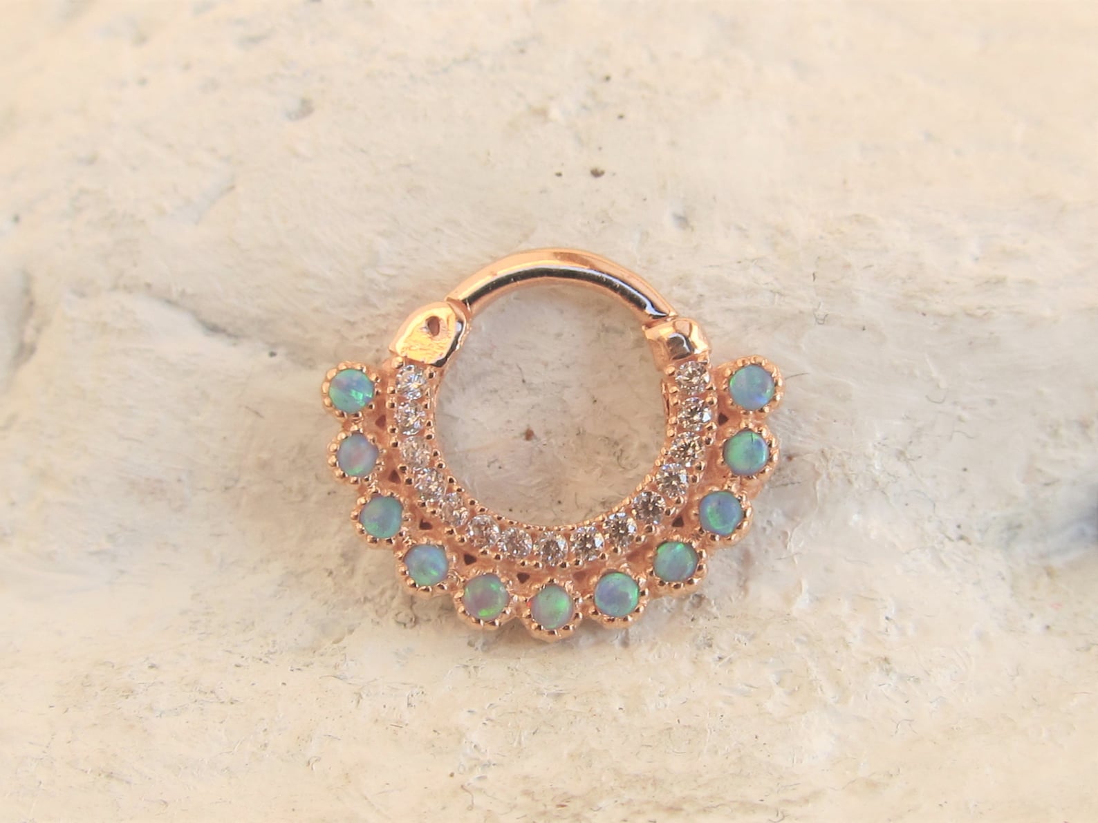 14k Solid Rose Gold Daith Piercing Blue Opal Cz's Clicker - Etsy