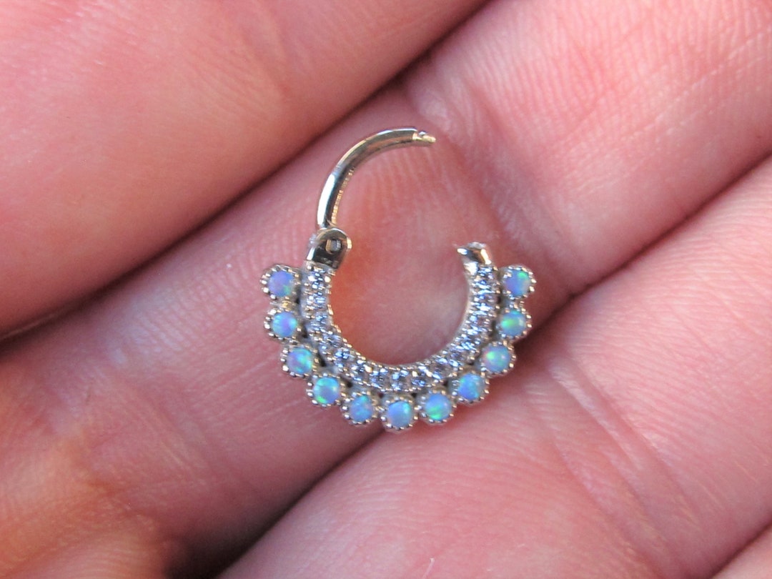 14k Solid White Gold Daith Piercing Blue Opal Cz's Clicker Ring..16g ...