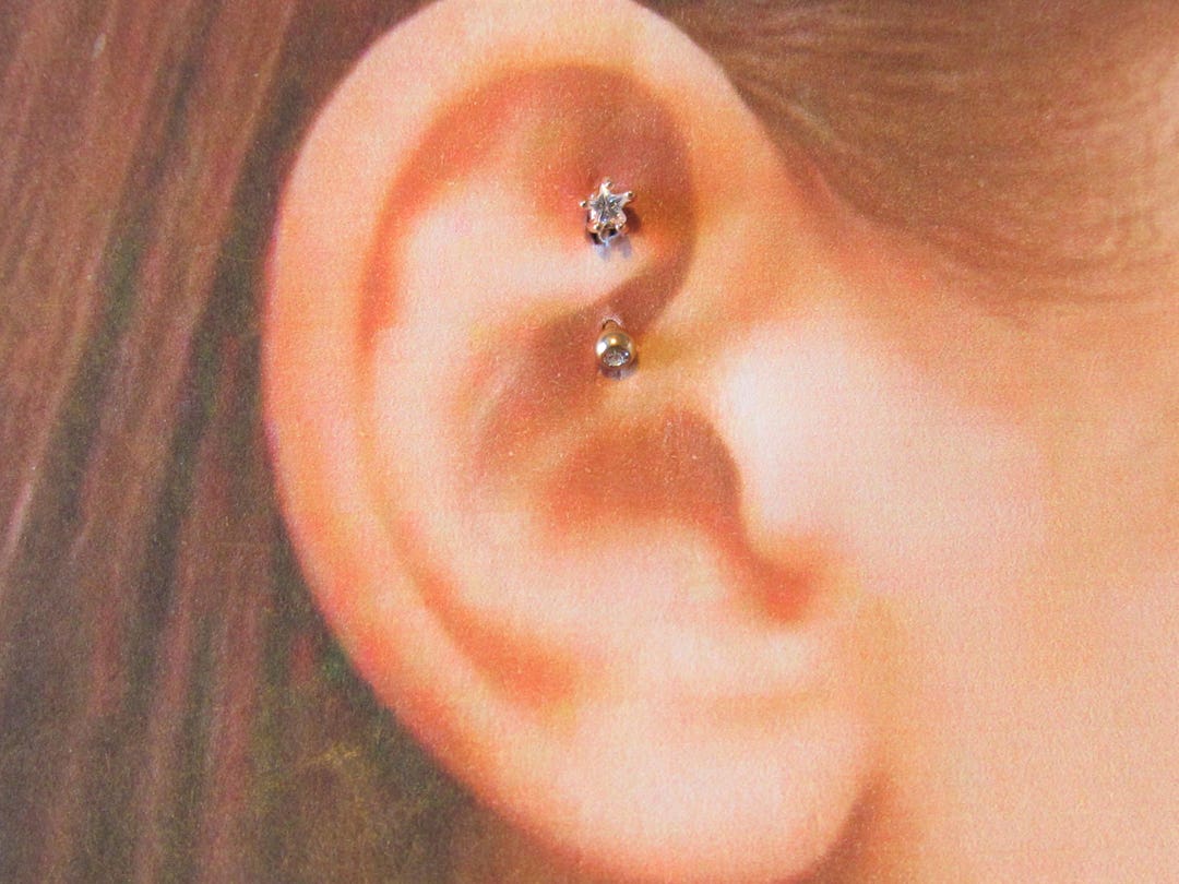 Rose Gold Star Rook Piercing Surgical Steel Double Jeweled Curved ...