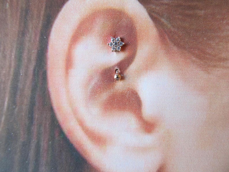 14k Solid Rose Gold Rook Piercing Curved Prung Set Flower With | Etsy