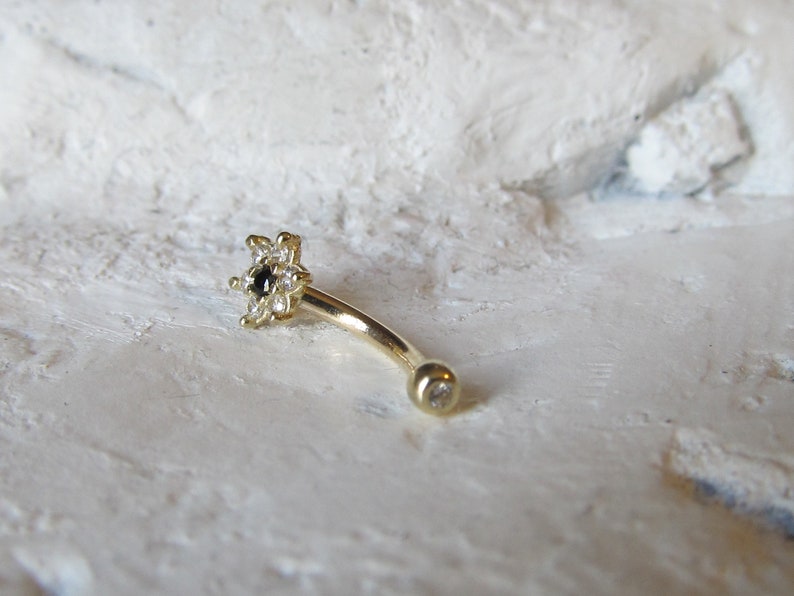 14k Solid Gold Rook Piercing Flower,black Center Cz,curved Barbell ...