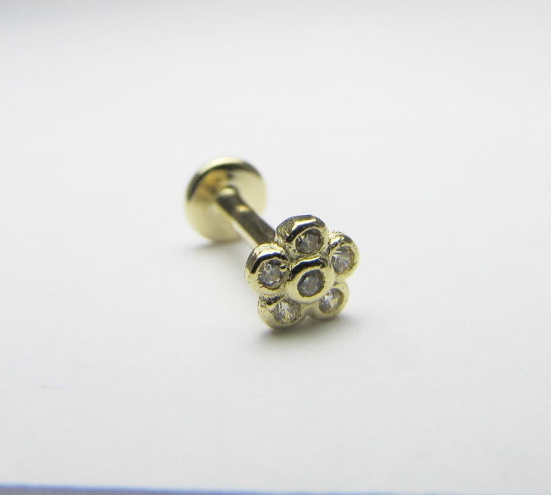14kt Solid Gold Cartilage Piercing Labret Flower With White Cz's 16g - Etsy