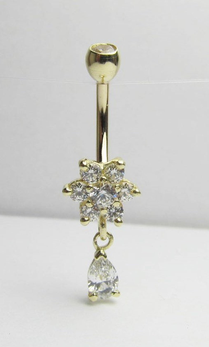 14kt Solid Yellow Gold Navel Ring Flower and Teardrop Cz's - Etsy