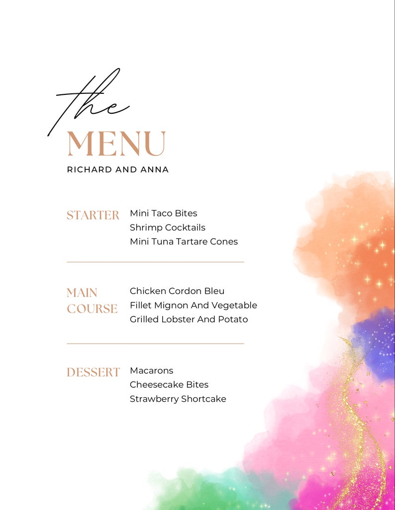 Editable Menu Card Template, Gold Theme Party, Colorful and Modern Gold ...