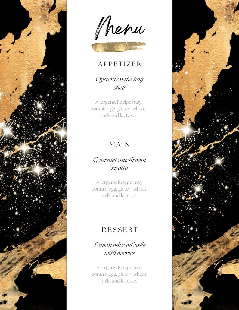 Editable Menu Card Template, Black & Gold Affair Theme Party, Modern ...
