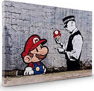 BANKSY Super Mario Cop and Mushroom Graffiti Stretched Canvas Wall Art ...