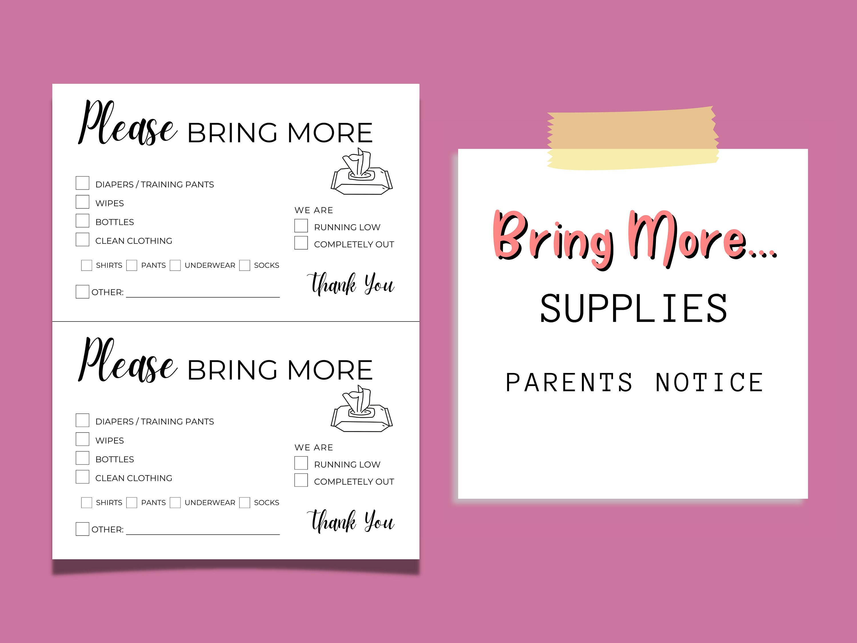 Please Bring More Supplies | Daycare Parent Notice | Childcare Notice ...