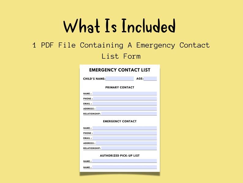 Daycare Emergency Contact Form: Fillable PDF for Childcare Services - Etsy