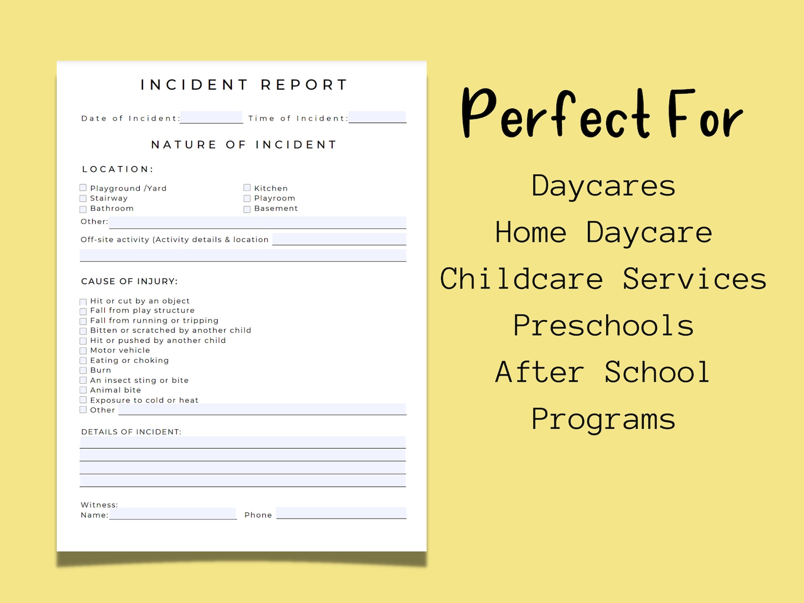 Incident Report for Daycares | Accident Report | Daycare Forms - Etsy