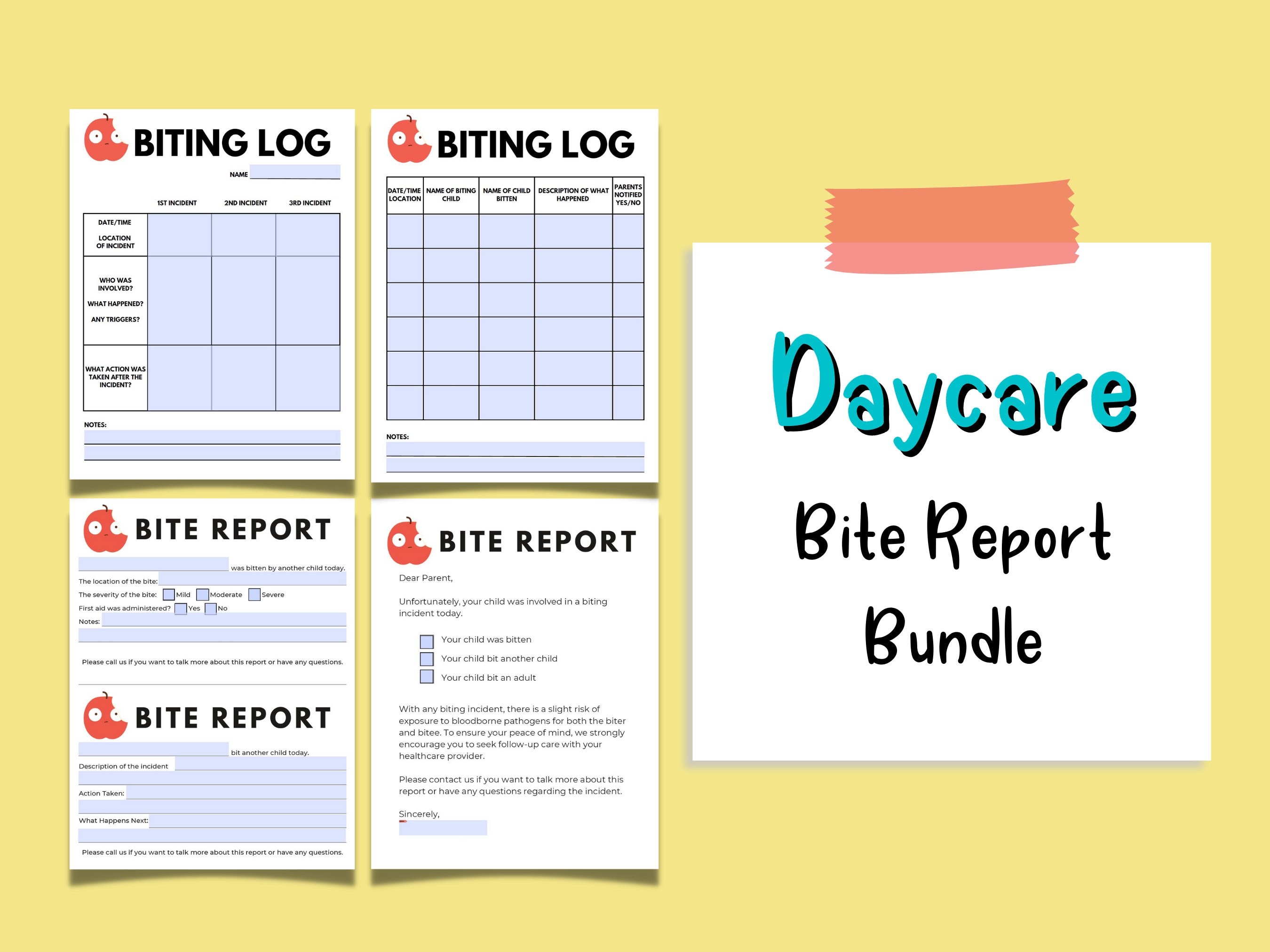 Bite Report Bundle | Bite Notice | Bite Log | Bite Letter to Parents ...