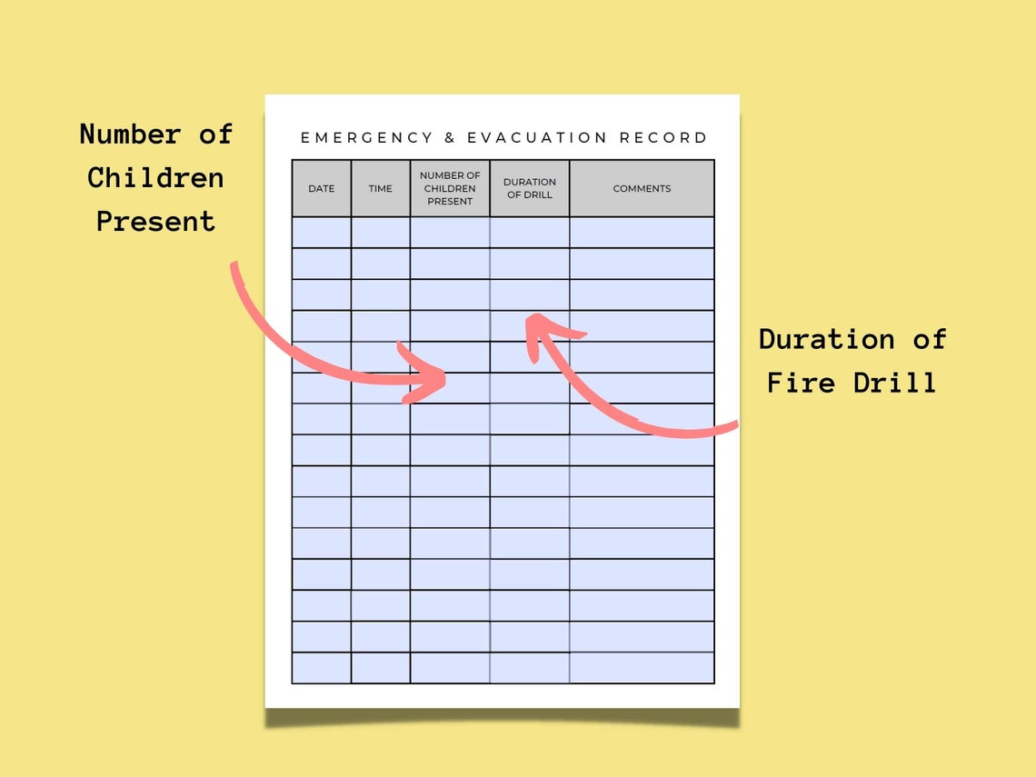 Emergency and Evacuation Record for Daycares | Daycare Fire Drill ...