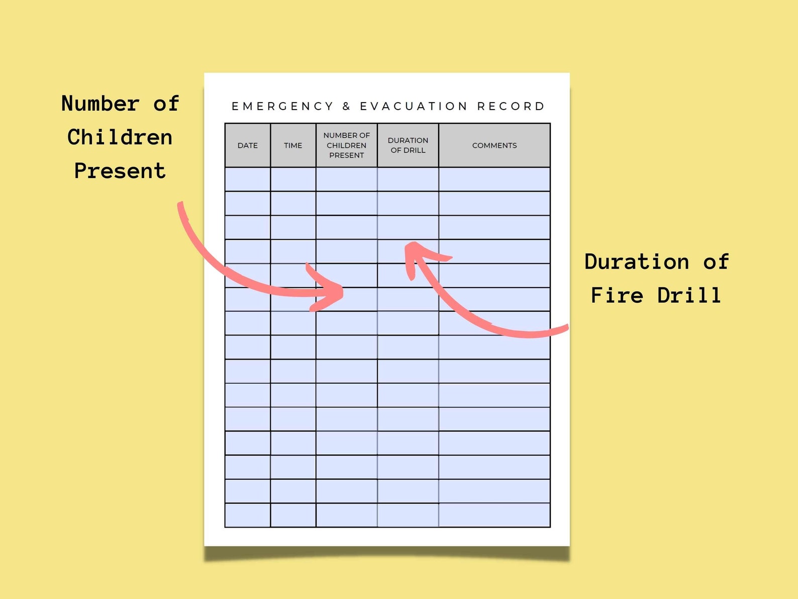 Emergency and Evacuation Record for Daycares | Daycare Fire Drill ...