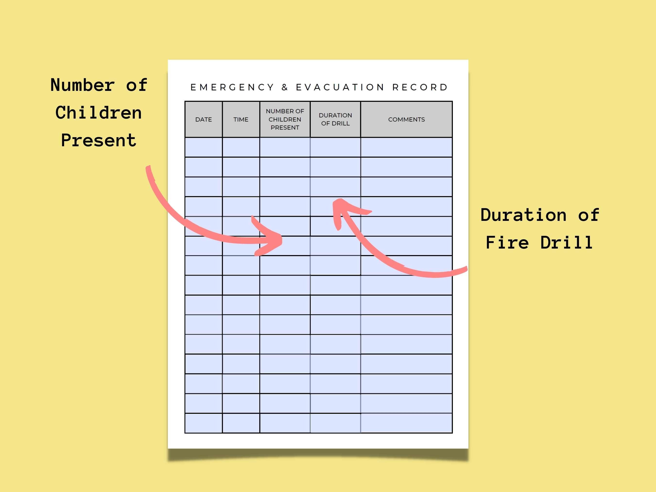 Emergency and Evacuation Record for Daycares | Daycare Fire Drill ...