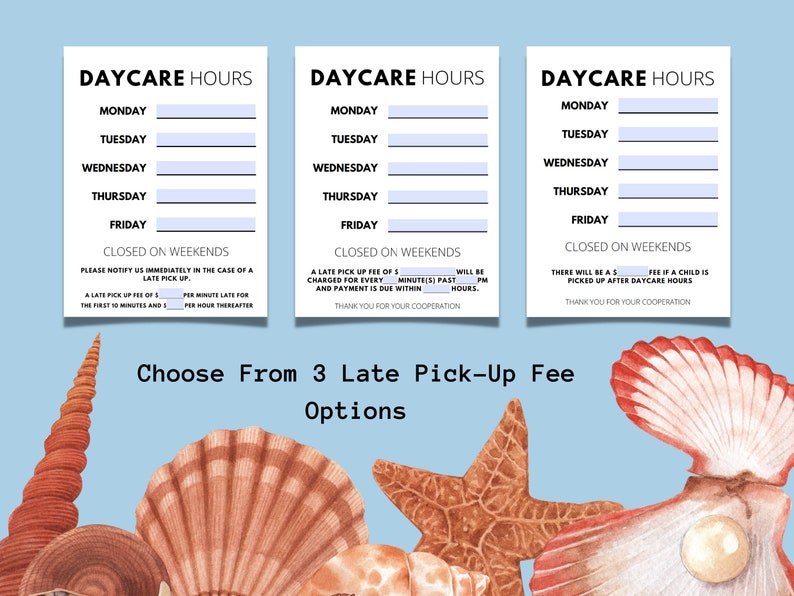 Daycare Business Hour Sign With Late Pick up Fee Fillable Hours of ...