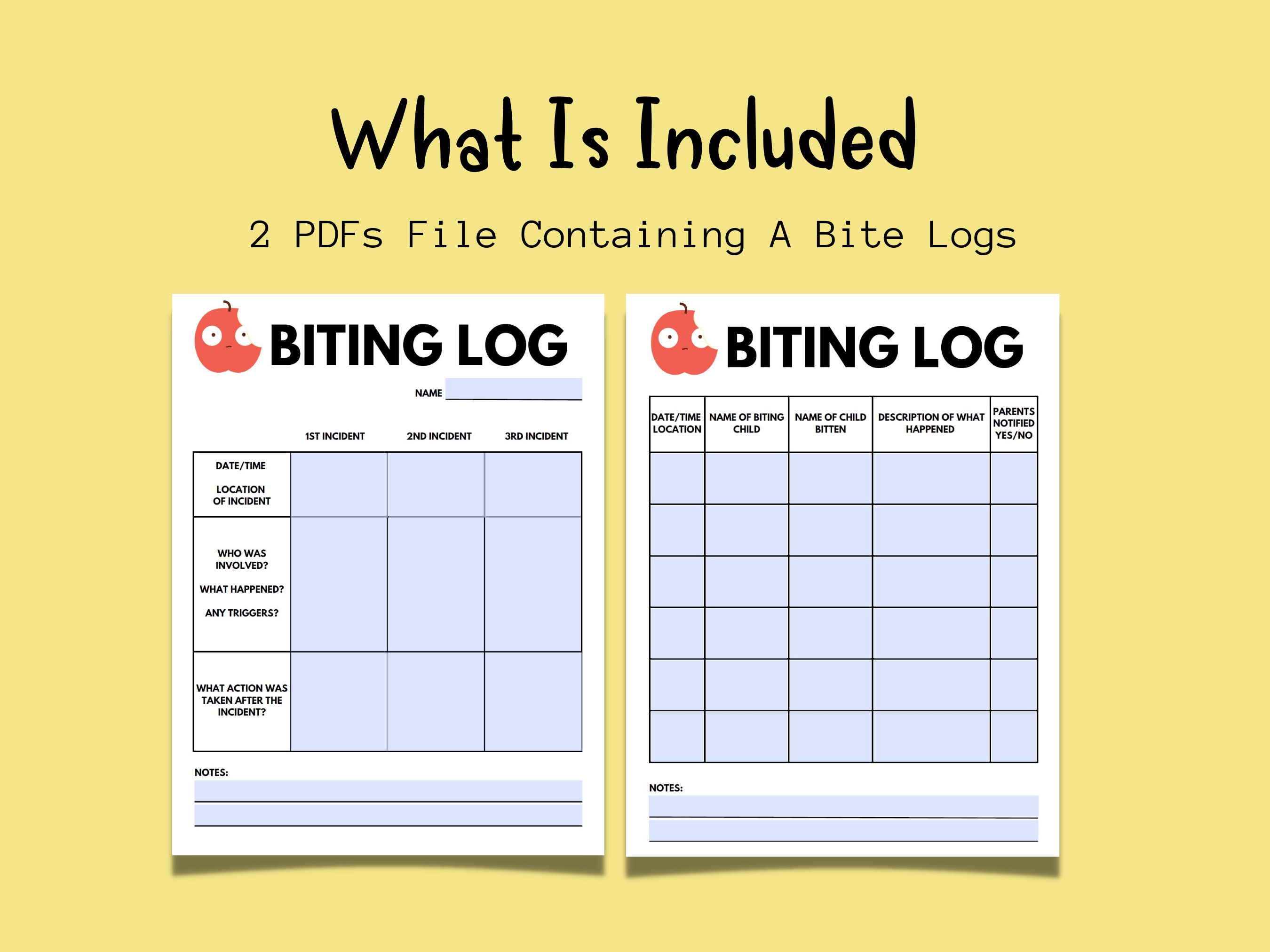 Daycare Bite Log for Daycares | Daycare Biting Log | Injury Log ...
