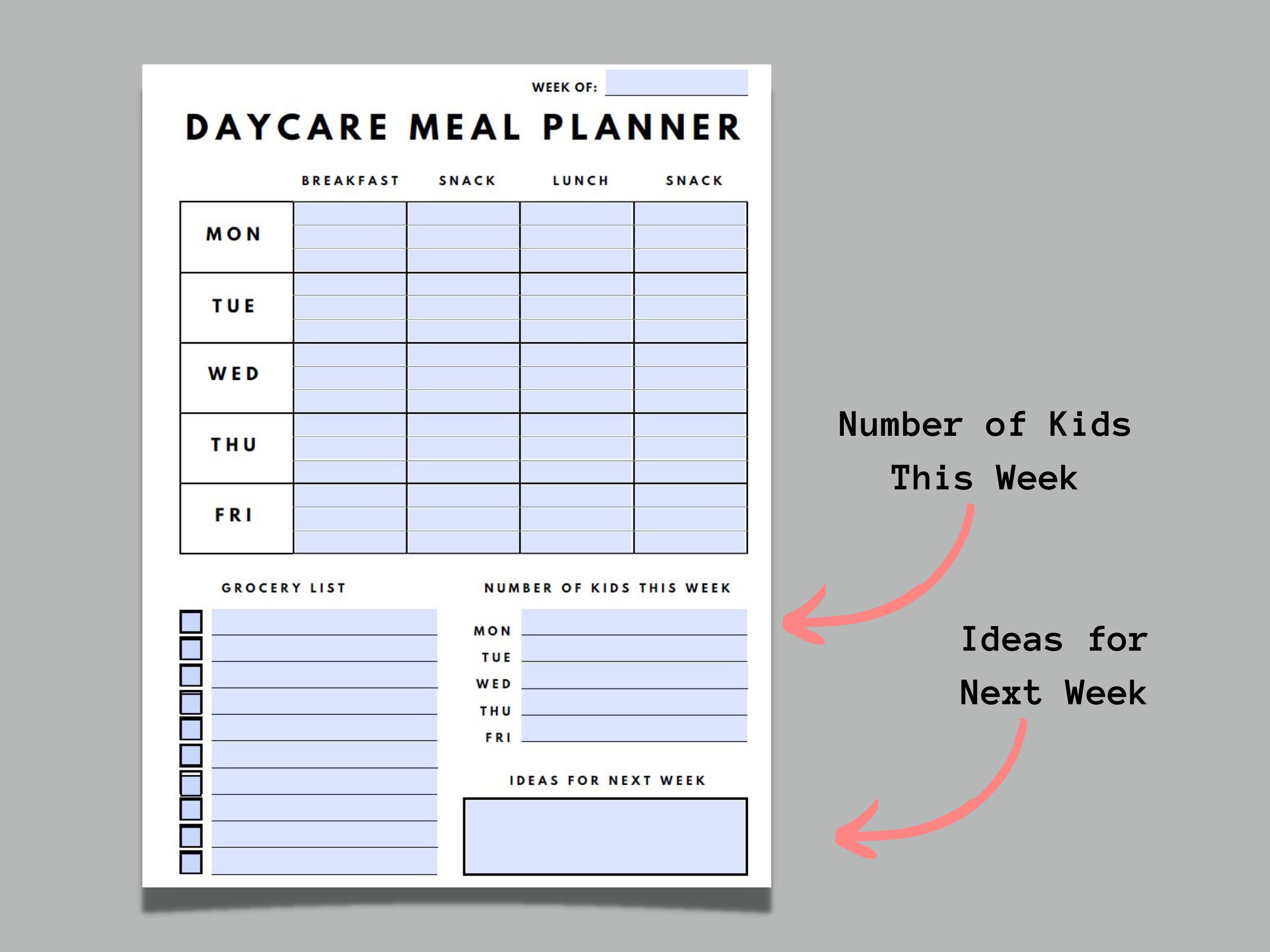 Daycare Meal Planner | Daycare Menu Planner | Weekly Meal Planner ...