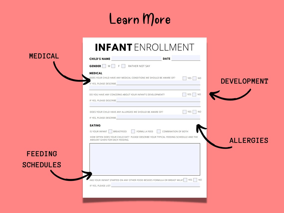 Infant Enrollment Intake Form | Daycare Enrollment Form for Infants ...