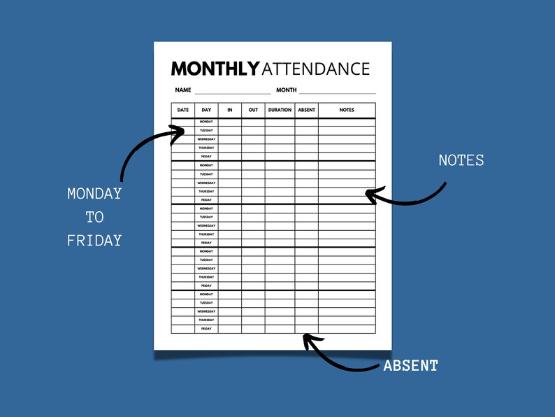 Monthly Attendance Sheet for Daycares Childcare Attendance Log Daycare ...