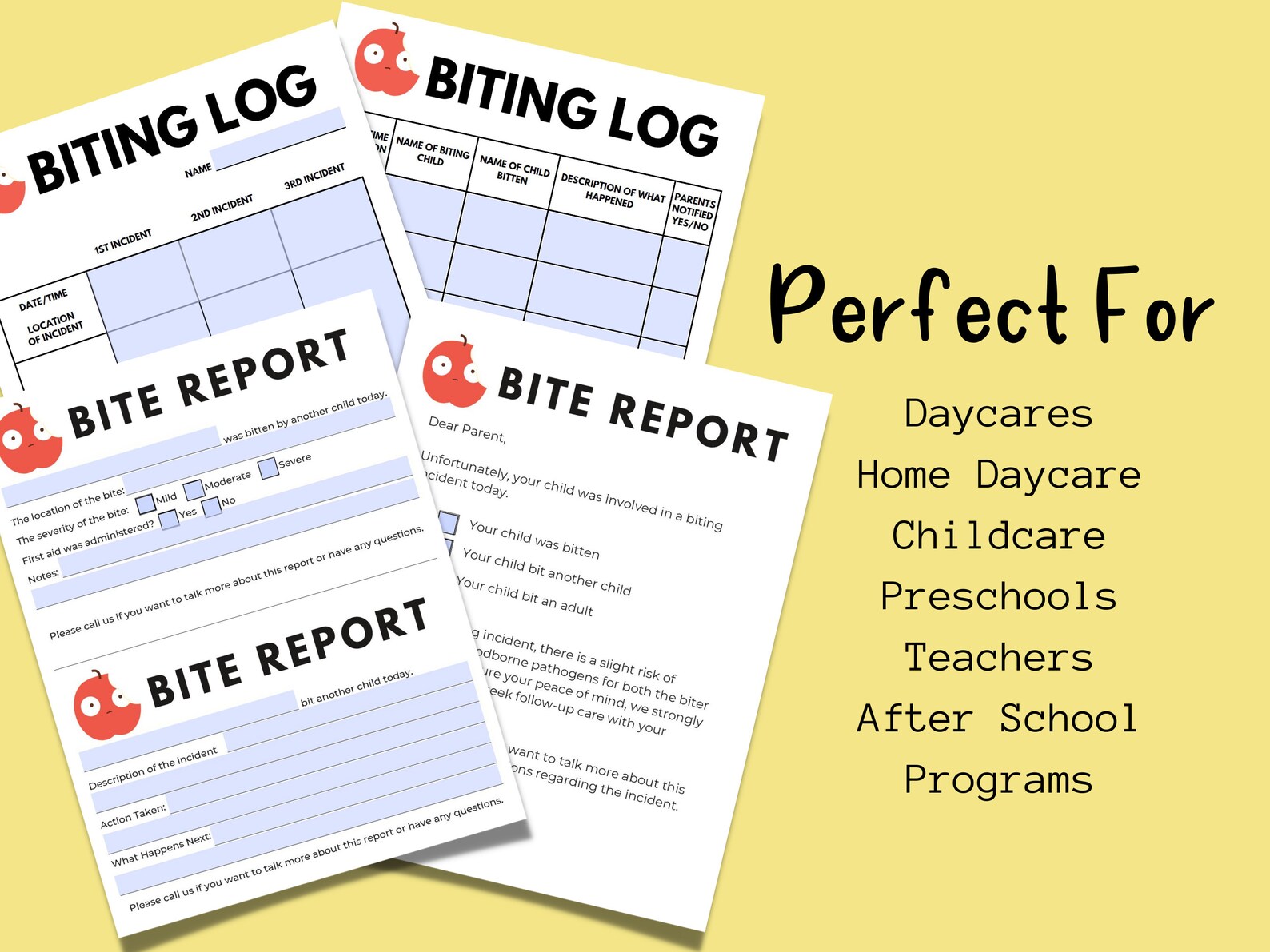 Bite Report Bundle Bite Notice Bite Log Bite Letter to Parents Biting ...