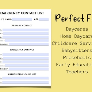Daycare Emergency Contact Form: Fillable PDF for Childcare Services - Etsy