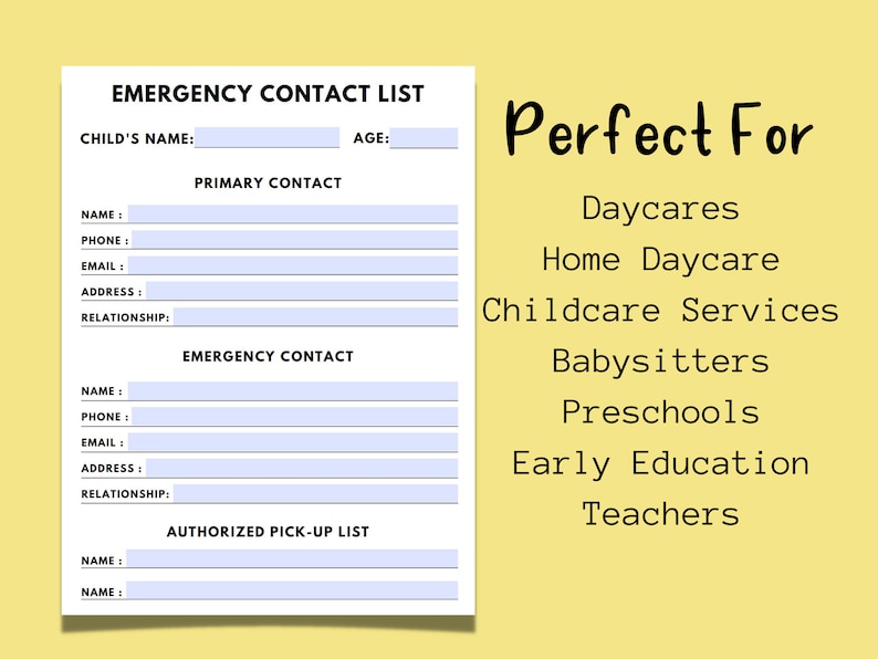 Daycare Emergency Contact Form | Emergency Contact Form for Daycares ...
