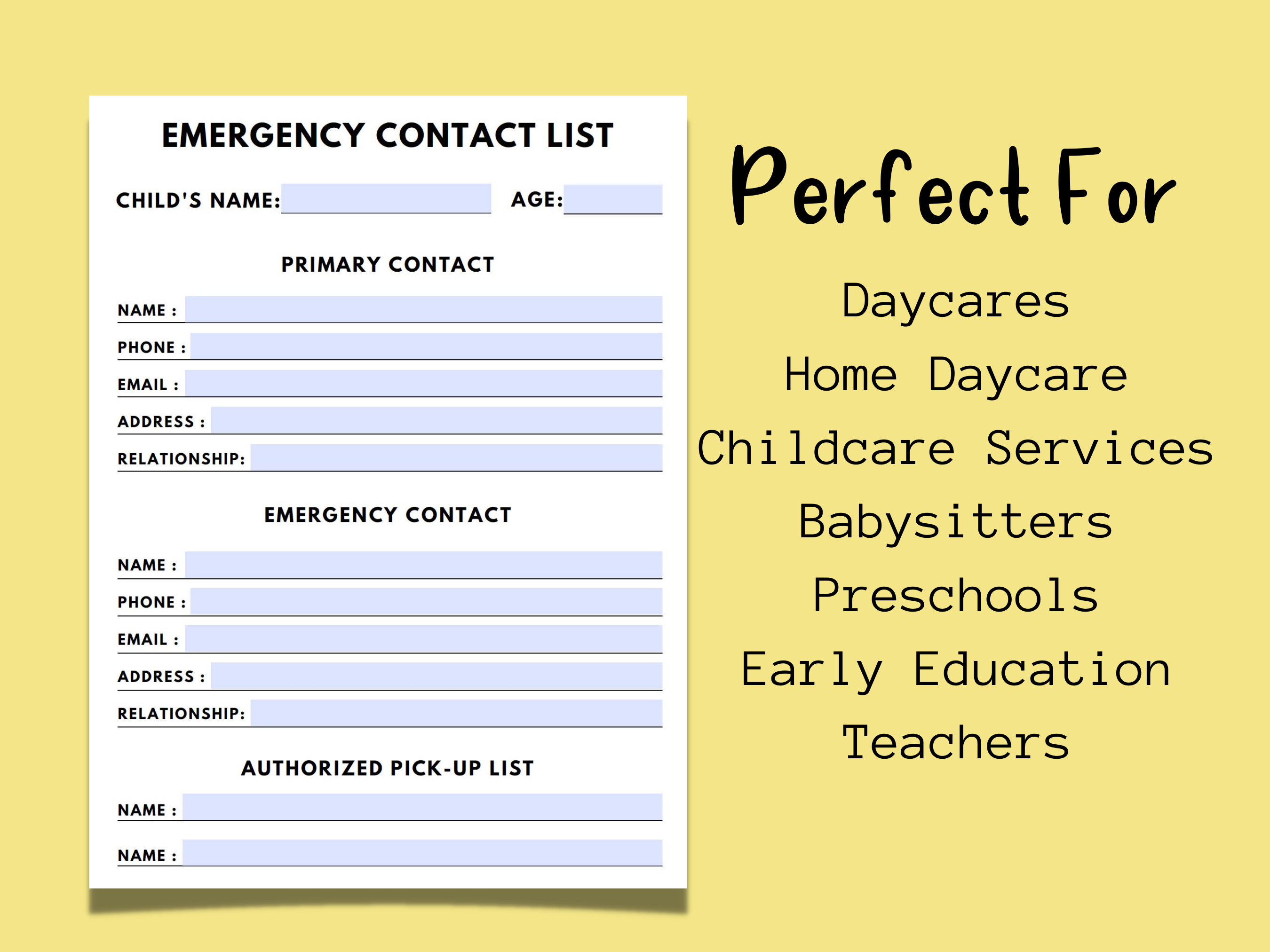 Daycare Emergency Contact Form | Emergency Contact Form for Daycares ...