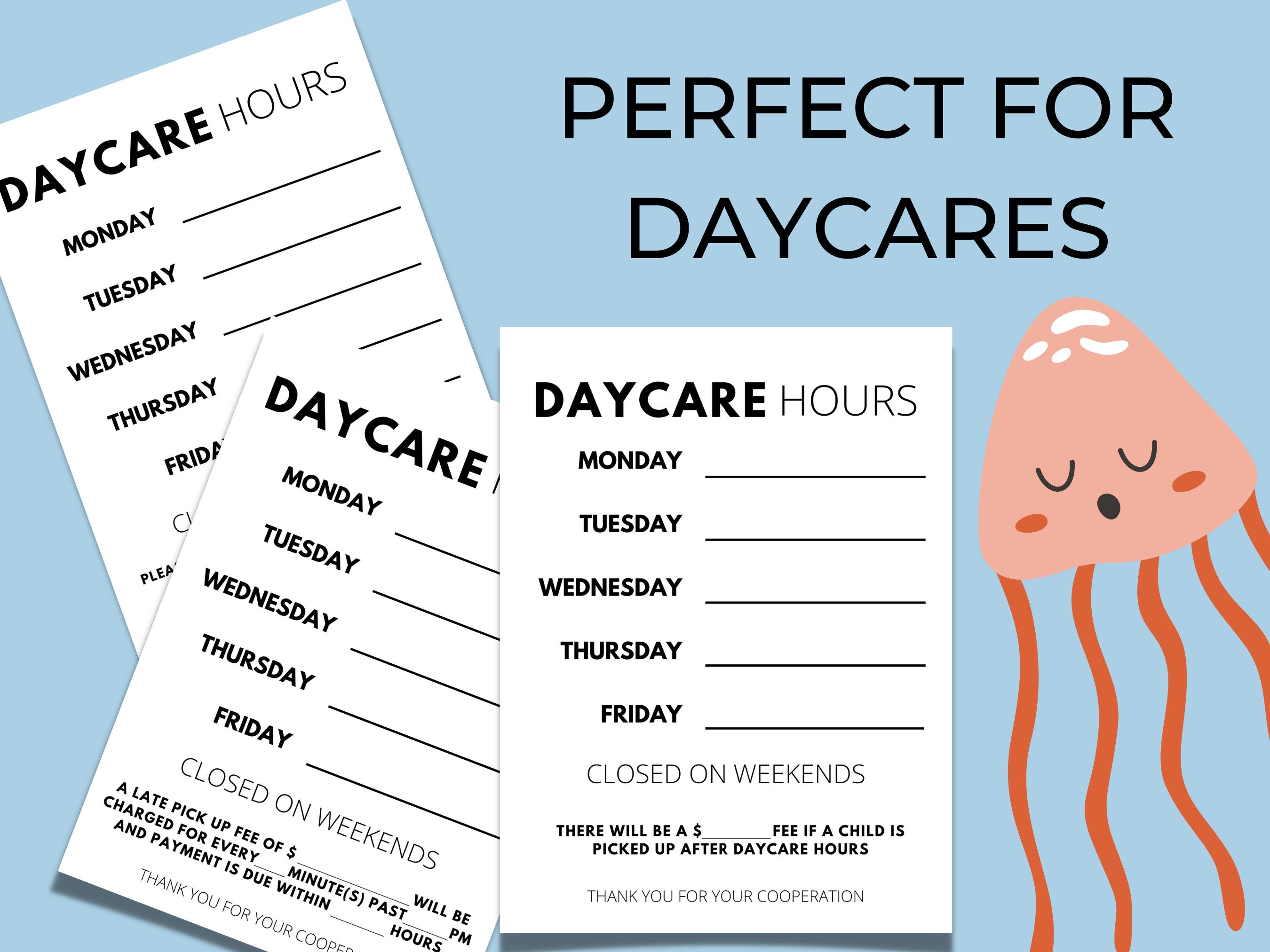 Daycare Business Hour Sign With Late Pick up Fee Fillable Hours of ...