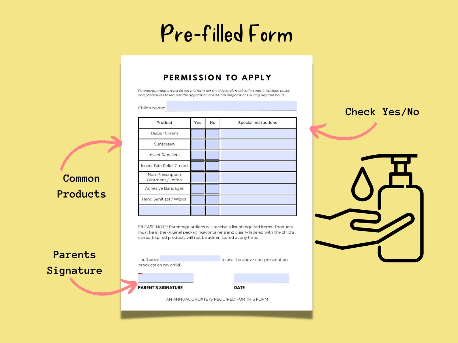 Permission to Apply Form for Daycares | Medication Permission Form for ...