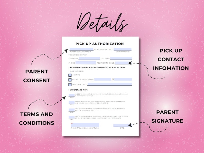 Childcare Pick-up Authorization Form for Home Daycare & Childcare ...