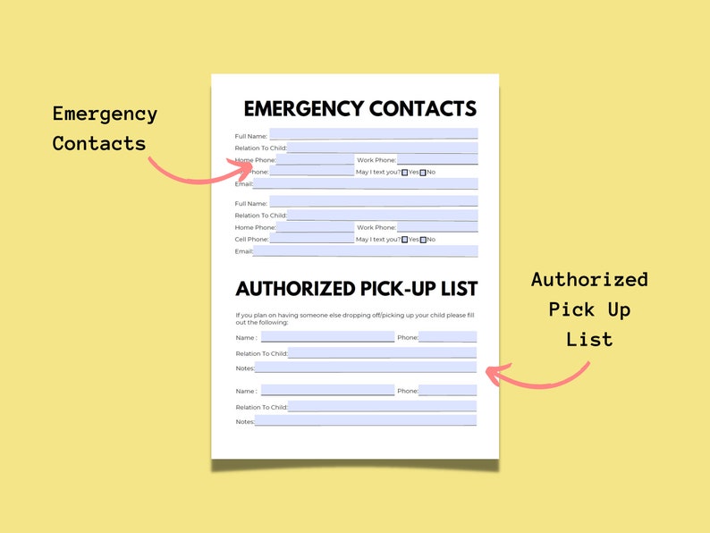 Daycare Contact Information Forms | Emergency Contact Forms for ...