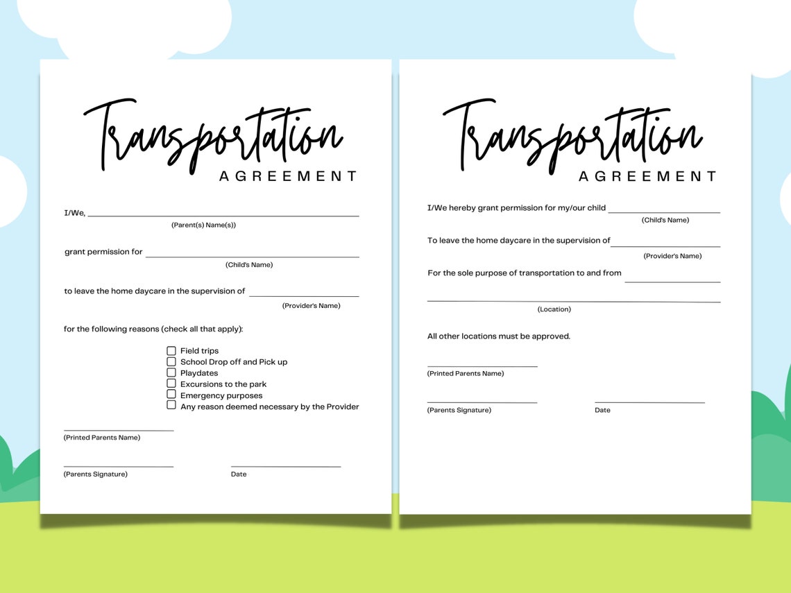 Transportation Agreement for Home Daycares Transportation - Etsy