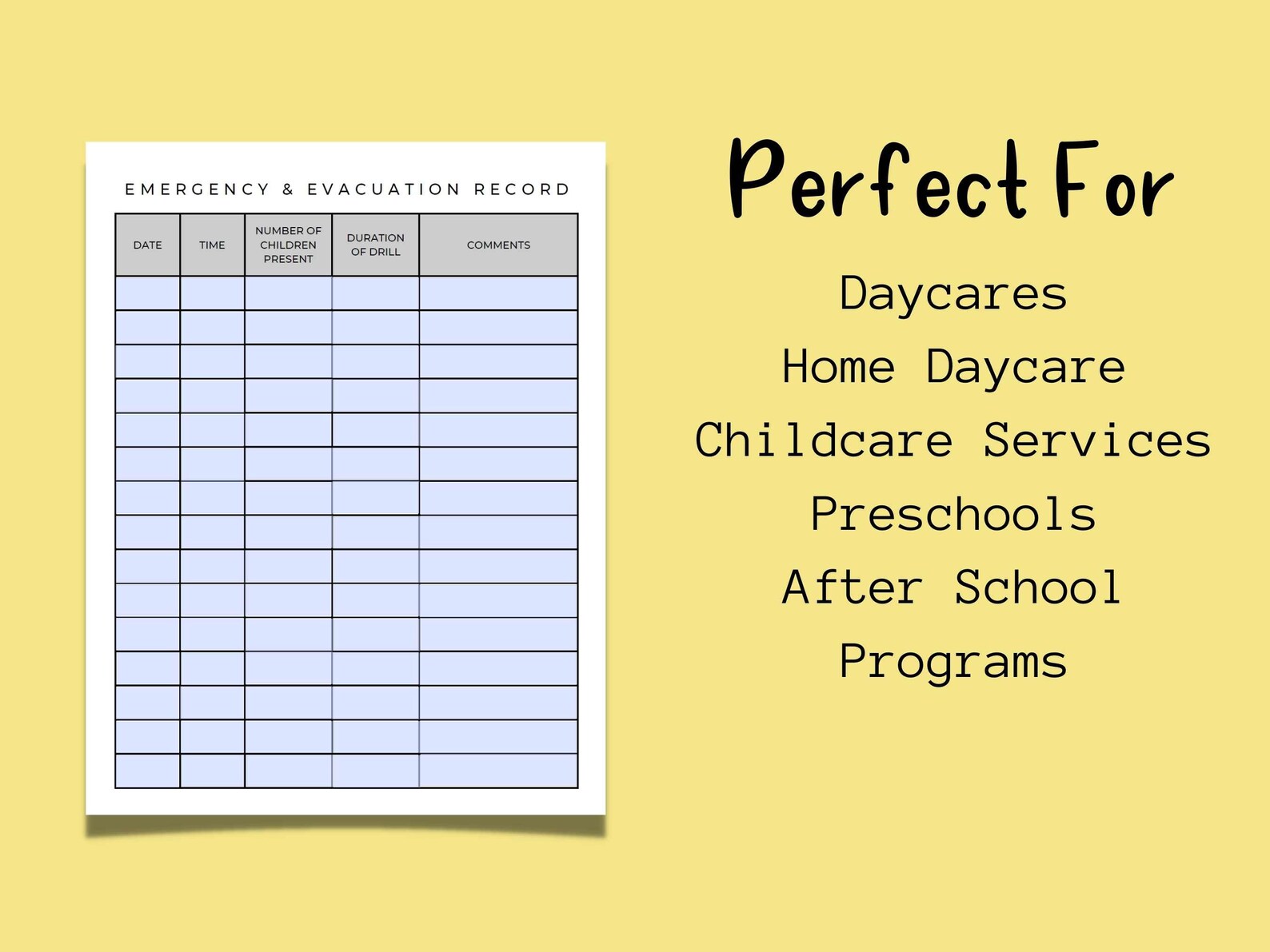 Emergency and Evacuation Record for Daycares | Daycare Fire Drill ...