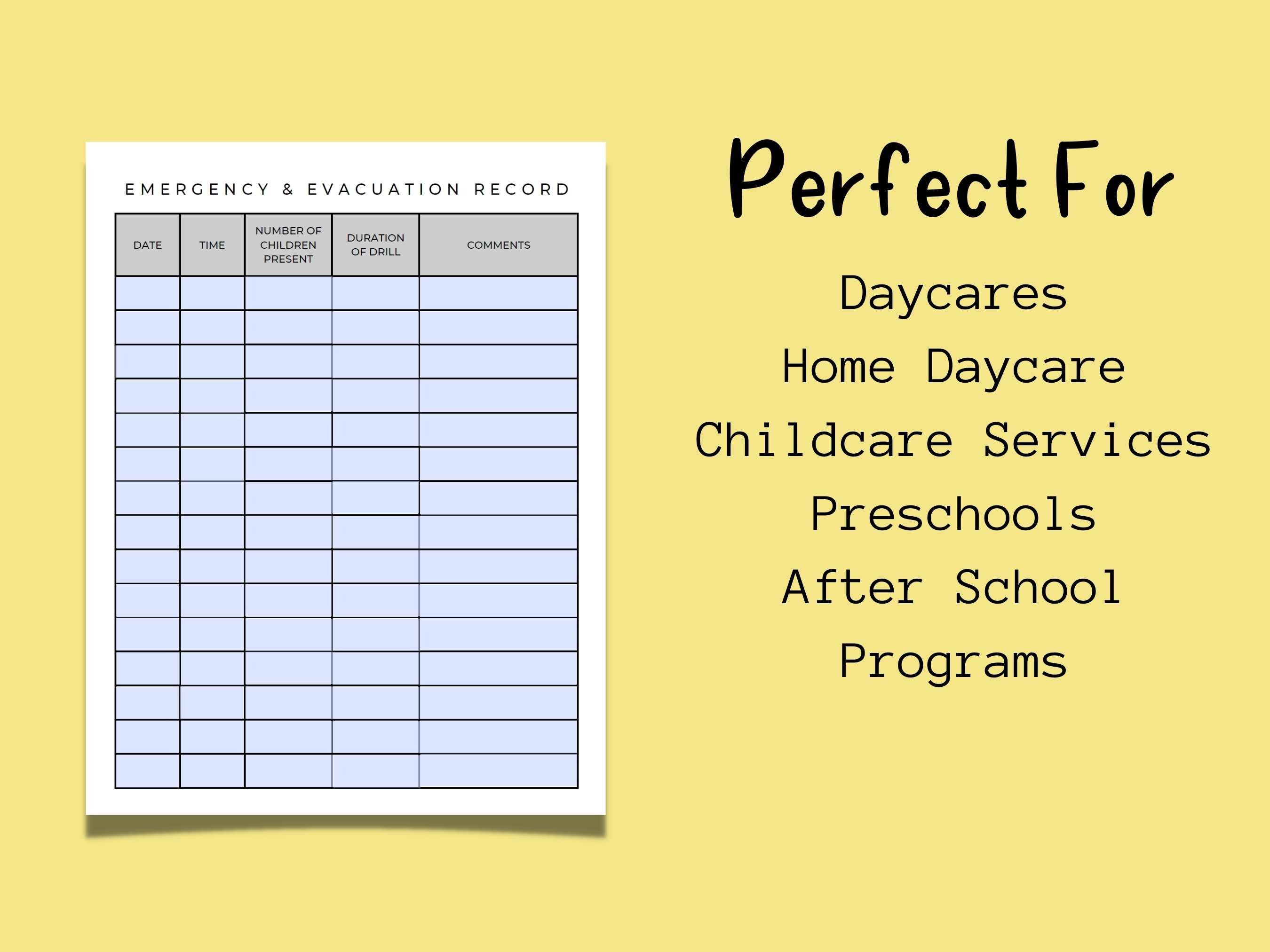 Emergency and Evacuation Record for Daycares | Daycare Fire Drill ...