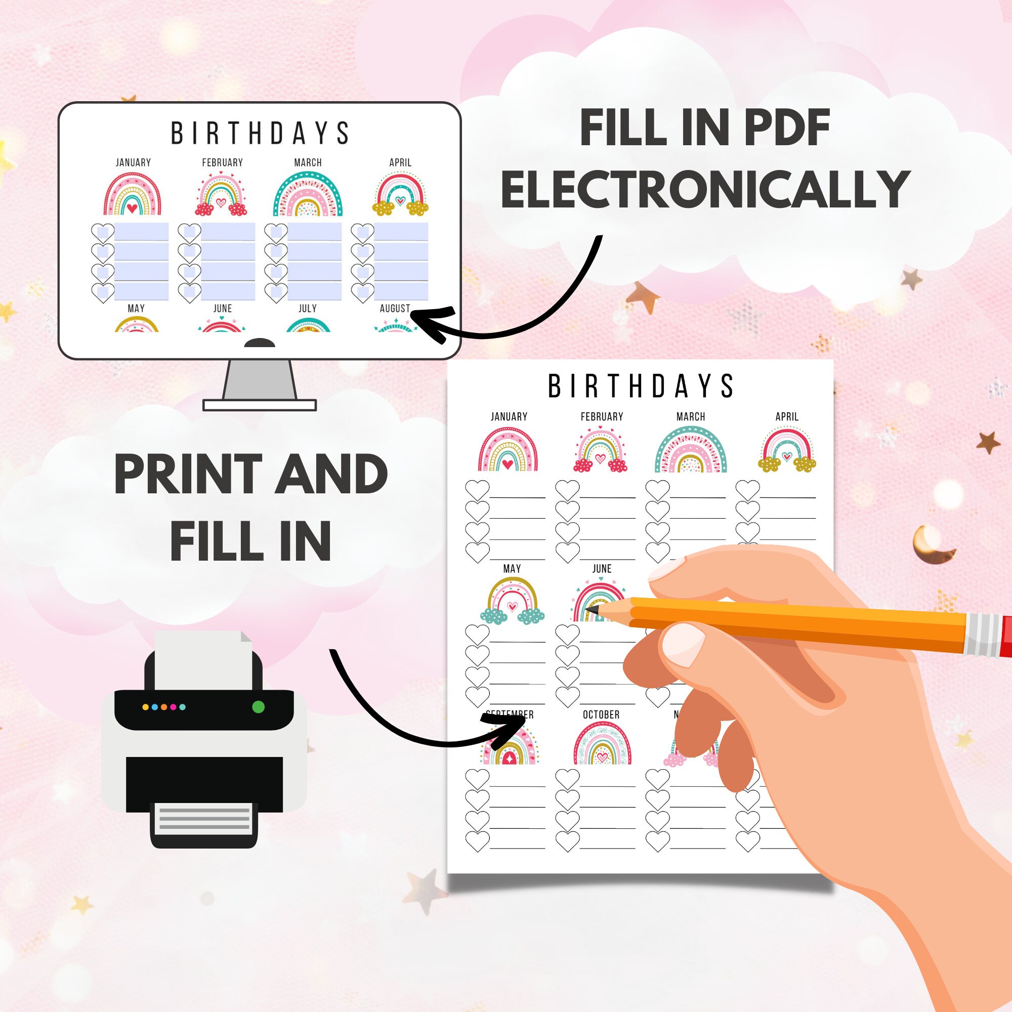 Boho Rainbow Birthday Tracker | Birthday Tracker Printable Template ...