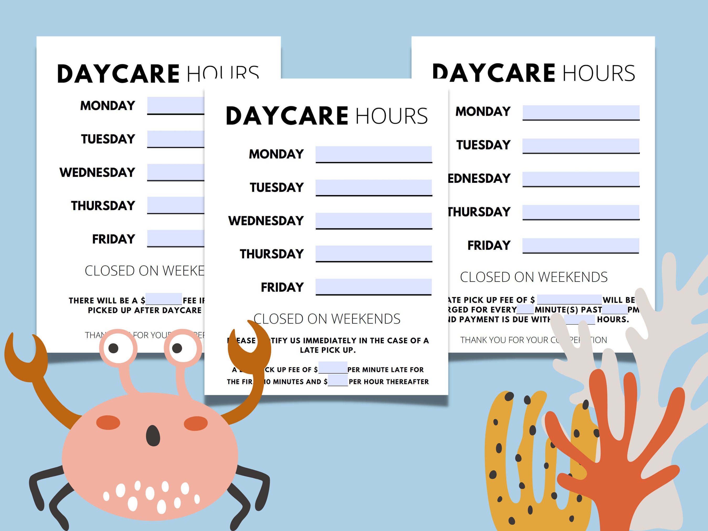 Daycare Business Hour Sign With Late Pick up Fee Fillable Hours of ...