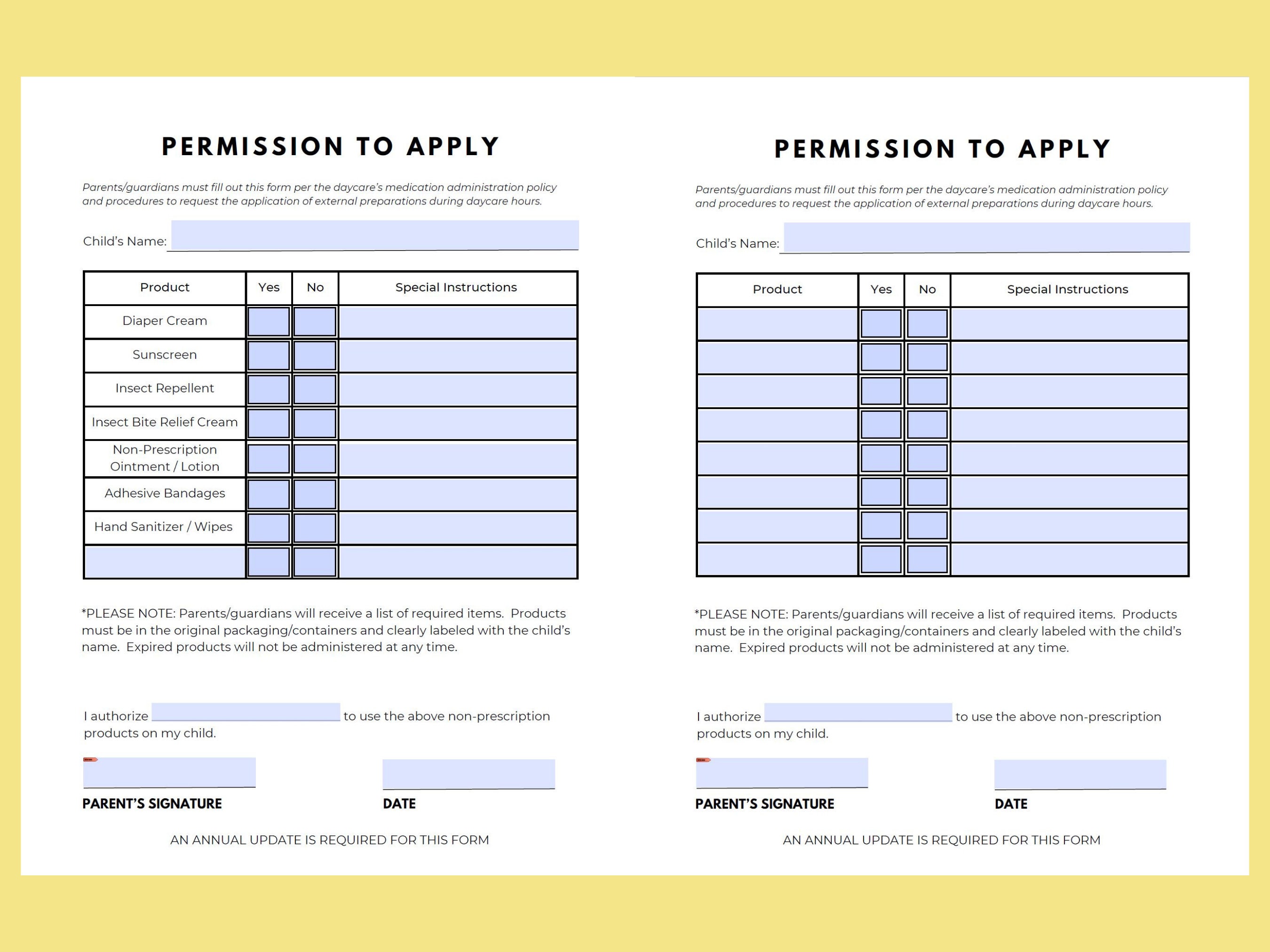 Daycare Permission to Apply Form: Medication & External Preparations ...