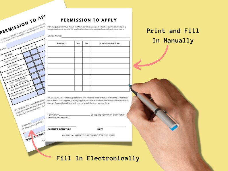 Daycare Permission to Apply Form: Medication & External Preparations ...