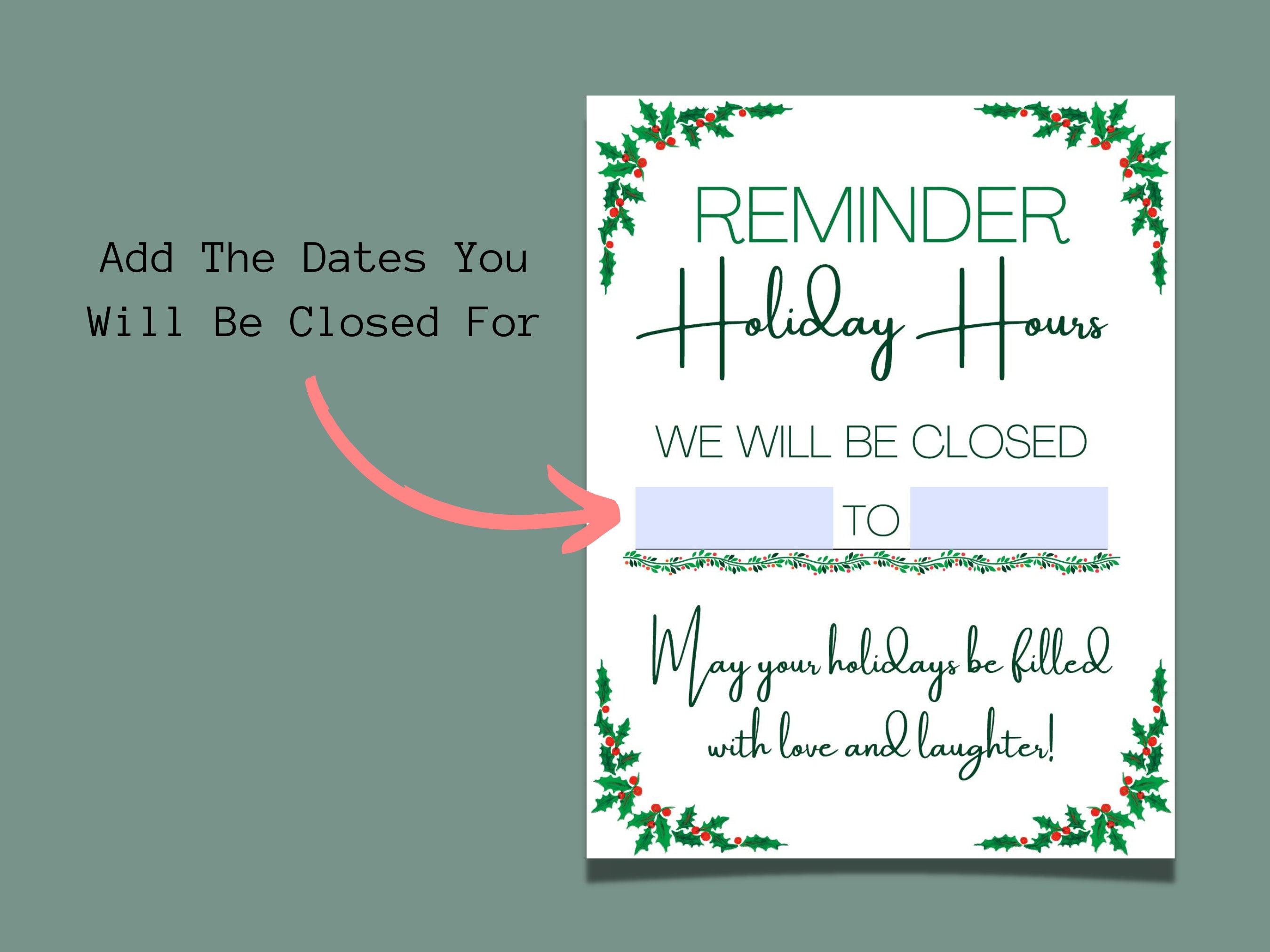 Holiday Hours Reminder Sign | Christmas Break Closure | Holiday Closure ...