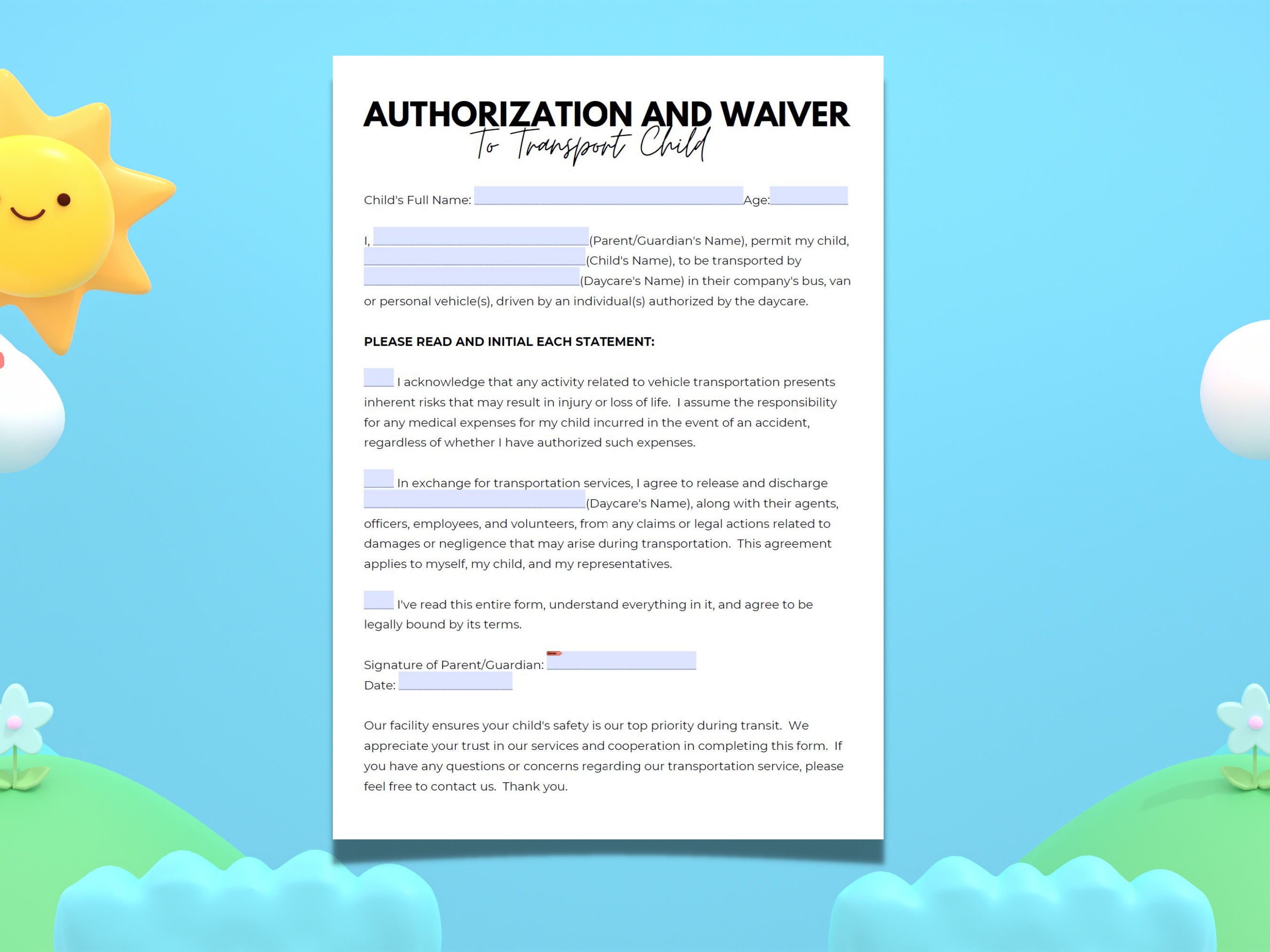 Authorization and Waiver to Transport Child | Transportation Policy for ...