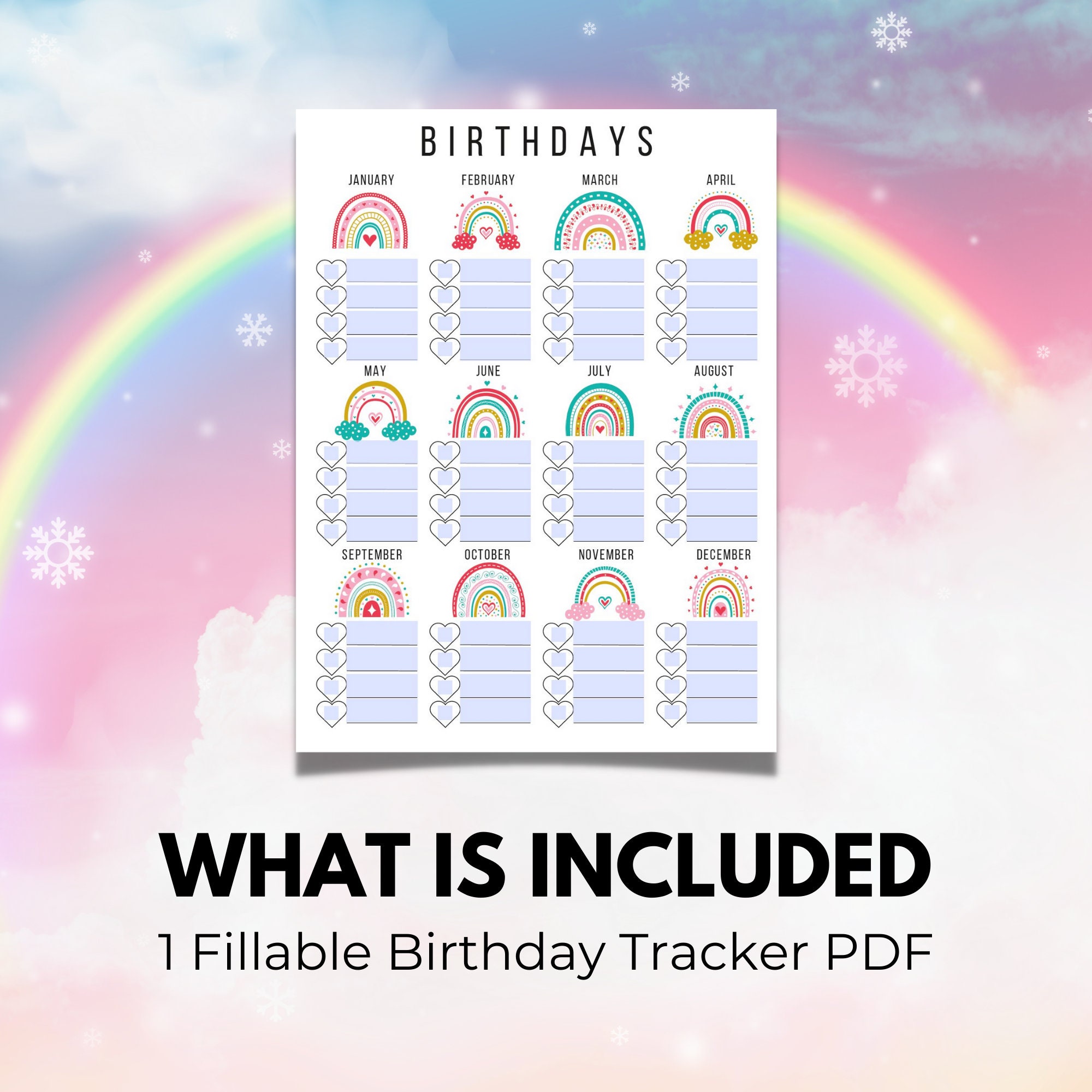 Boho Rainbow Birthday Tracker | Birthday Tracker Printable Template ...