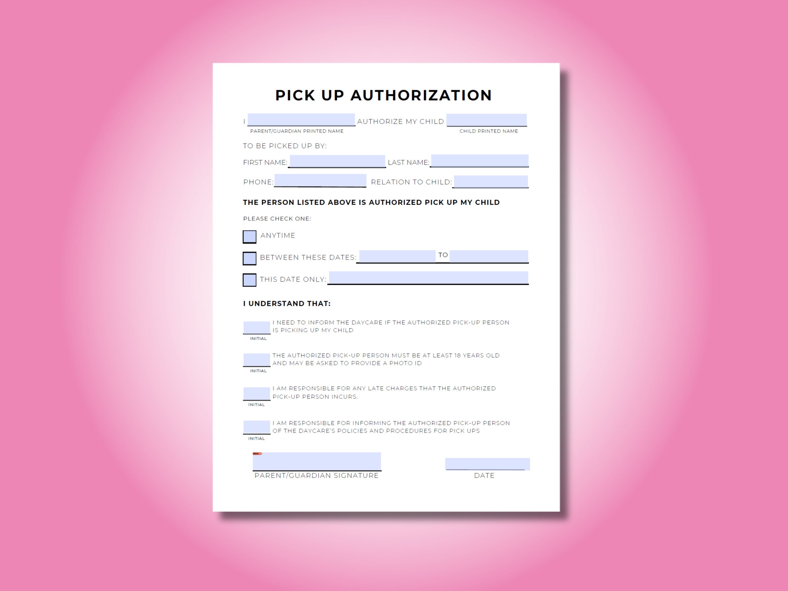 Childcare Pick-up Authorization Form for Home Daycare & Childcare ...