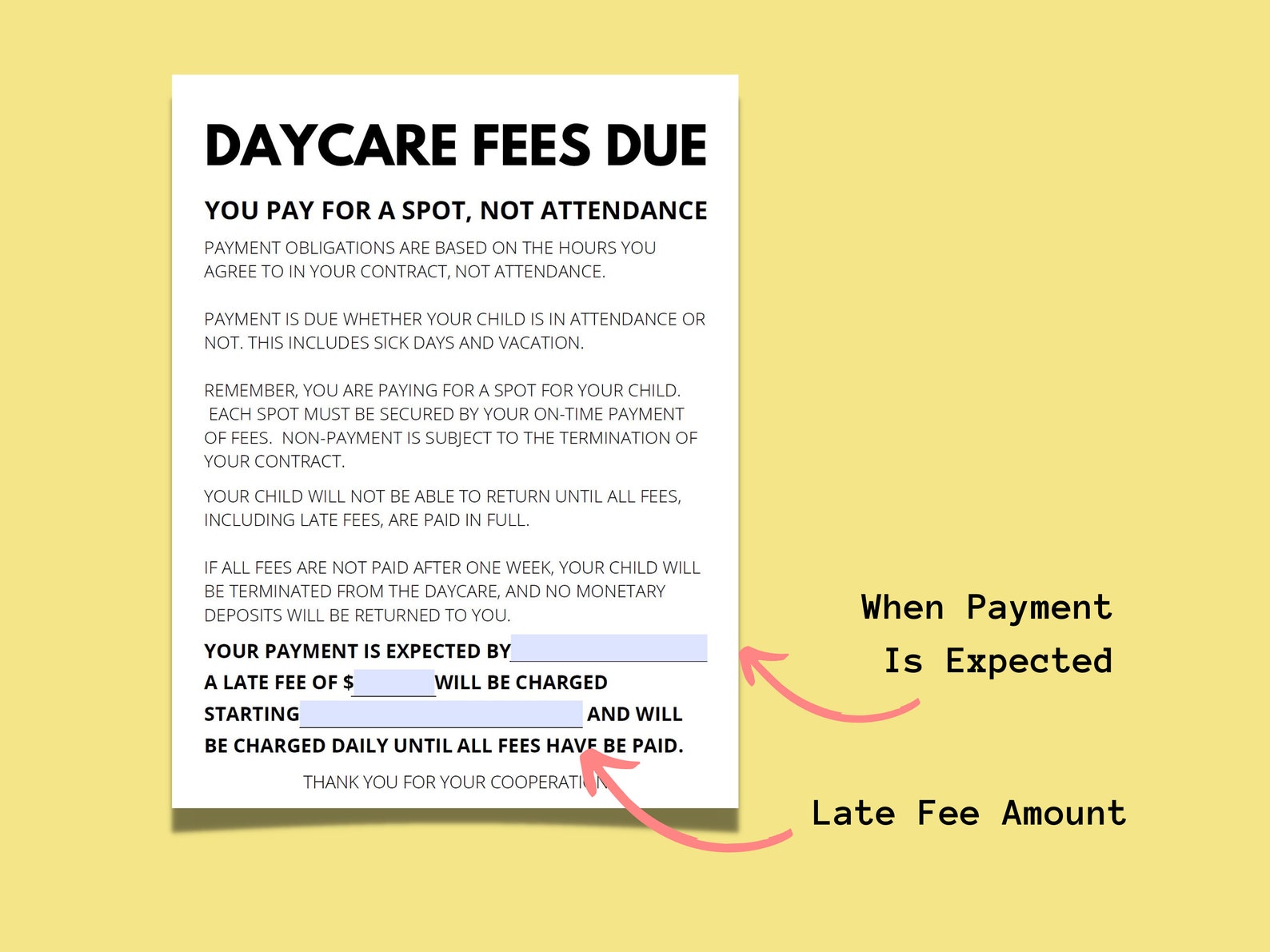 Daycare Fee Due Warning Daycare Fee Reminder Daycare Fees Due Daycare ...