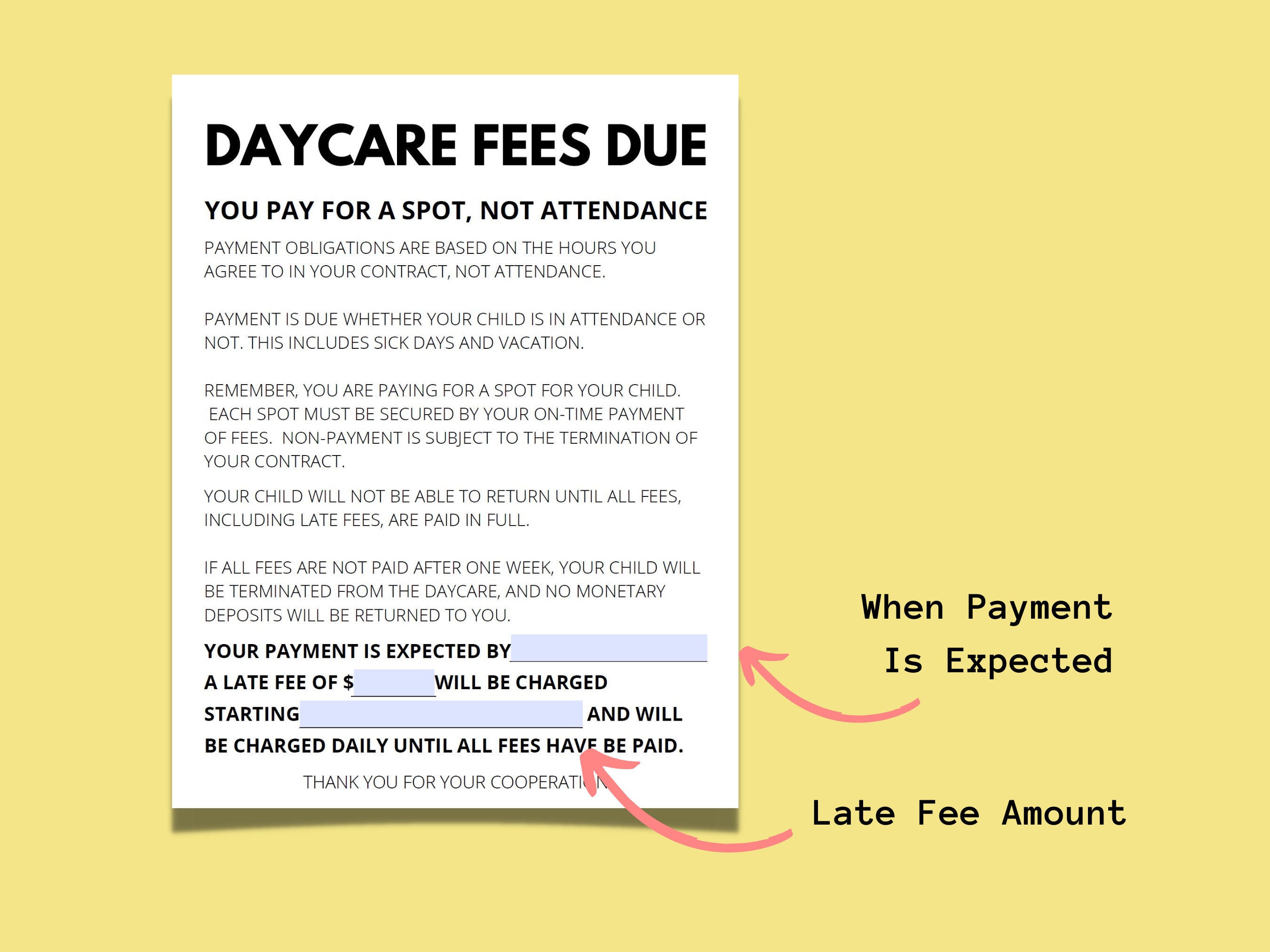 Daycare Fee Warning Notice: Fillable Printable (PDF) - Etsy
