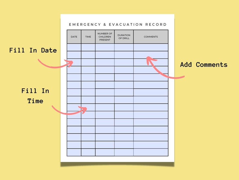 Emergency and Evacuation Record for Daycares | Daycare Fire Drill ...