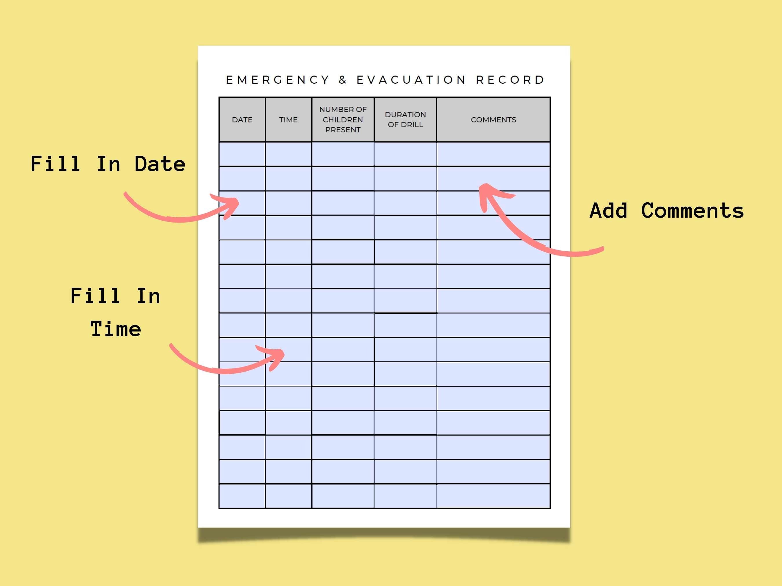Emergency and Evacuation Record for Daycares | Daycare Fire Drill ...