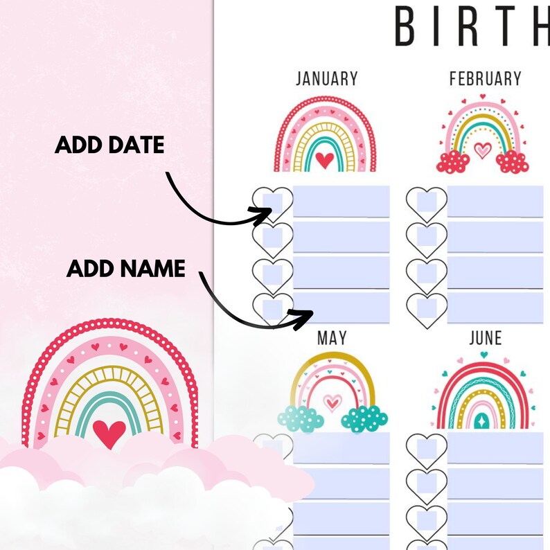 Boho Rainbow Birthday Tracker | Birthday Tracker Printable Template ...