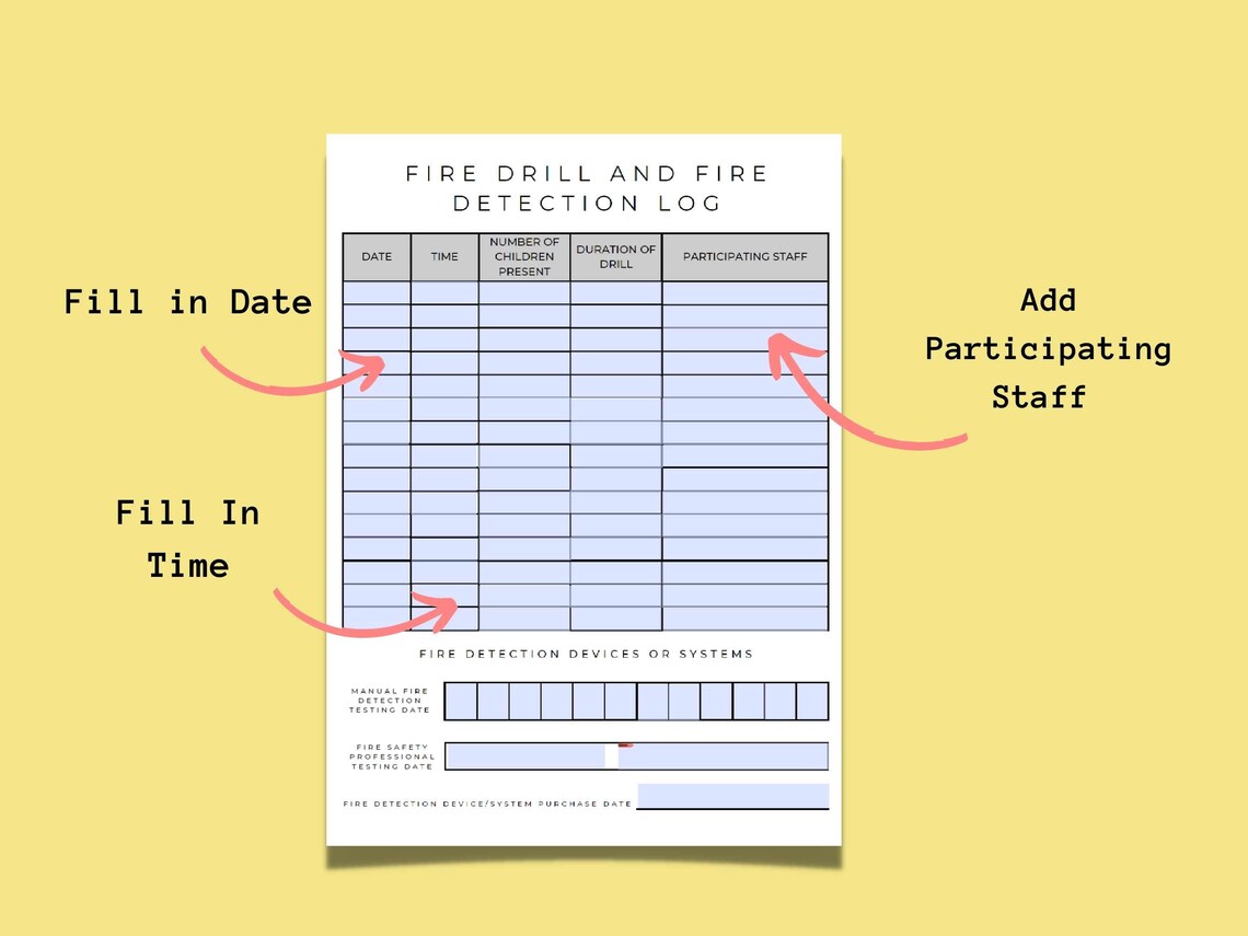 Daycare Fire Drill & Detection Log: Fillable Emergency Forms for ...