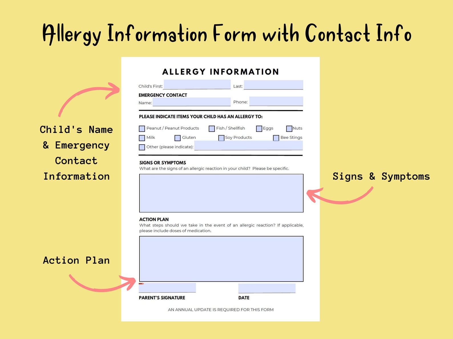 Allergy Information Form for Daycare | Allergy Information Sheet for ...