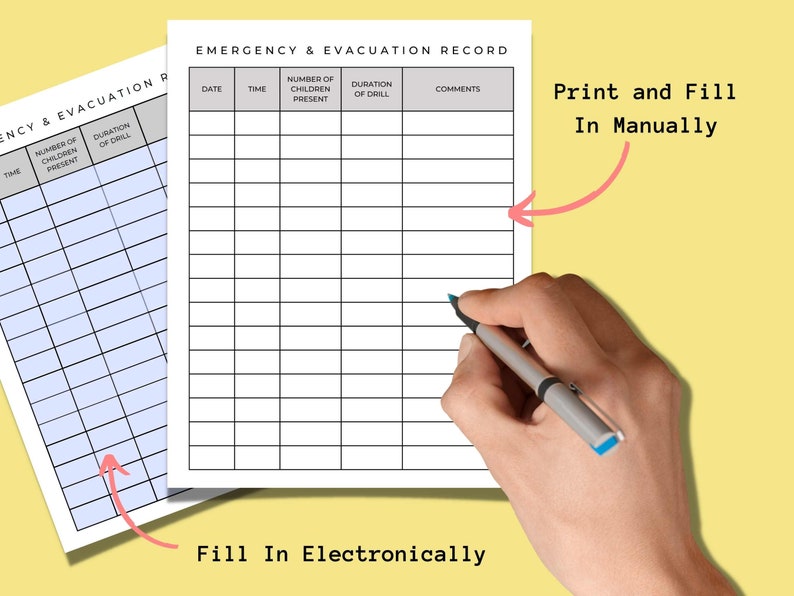 Emergency and Evacuation Record for Daycares | Daycare Fire Drill ...